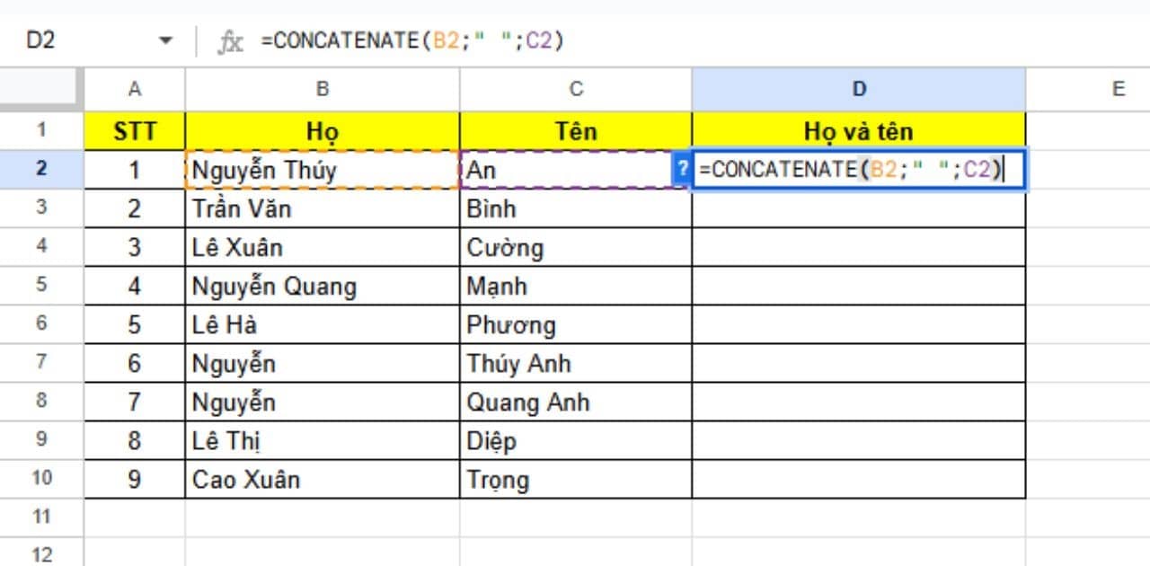 Hàm CONCATENATE trong Excel: Hướng dẫn sử dụng hàm nối chuỗi